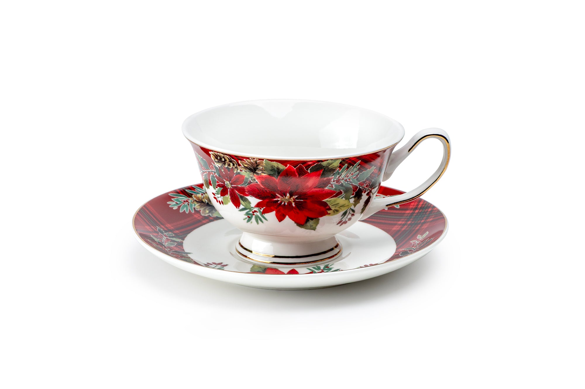 Poinsettia Pine Cone Fine Porcelain Tea Cup and Saucer – Grace Teaware